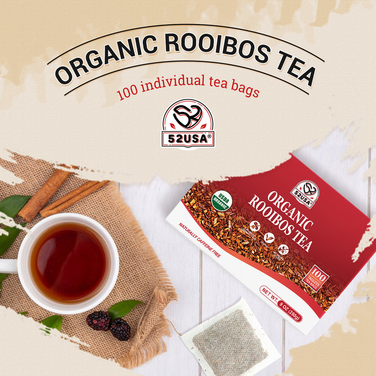 52USA Rooibos Tea Organic, 100 Teabags – Heivy